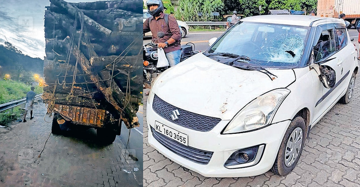 ലോറിയിൽ അമിത ലോഡ്; കയർപൊട്ടി കാറിനുമേൽ തടി വീണു: 32000 രൂപ പിഴ ചുമത്തി ...