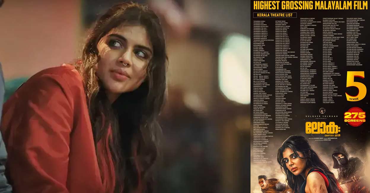 അഞ്ചാം വാരവും 275 സ്‌ക്രീനിൽ ‘ലോക’; 300 കോടി ക്ലബ്ബിലേക്കു കടക്കാ ...