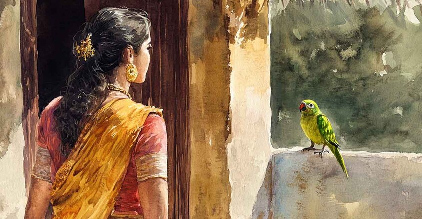 A clever parrot's storytelling prevents Prabhavati's infidelity in the ...