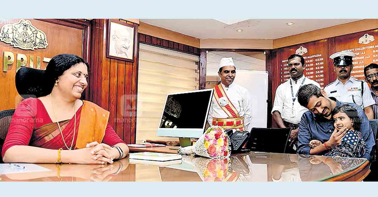 ഭർത്താവ് ഡോ. ശാന്തീവനും മകൾ നിയതിക്കുമൊപ്പം ചുമതലയേൽക്കാനെത്തി കലക്ട ...