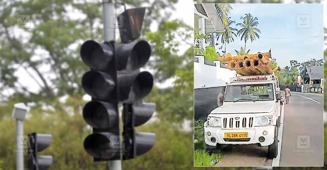 രാത്രിയിൽ സിഗ്നൽ ലൈറ്റ് പോസ്റ്റുകൾ മുറിച്ചെടുത്തത് കടത്താൻ ശ്രമം ...
