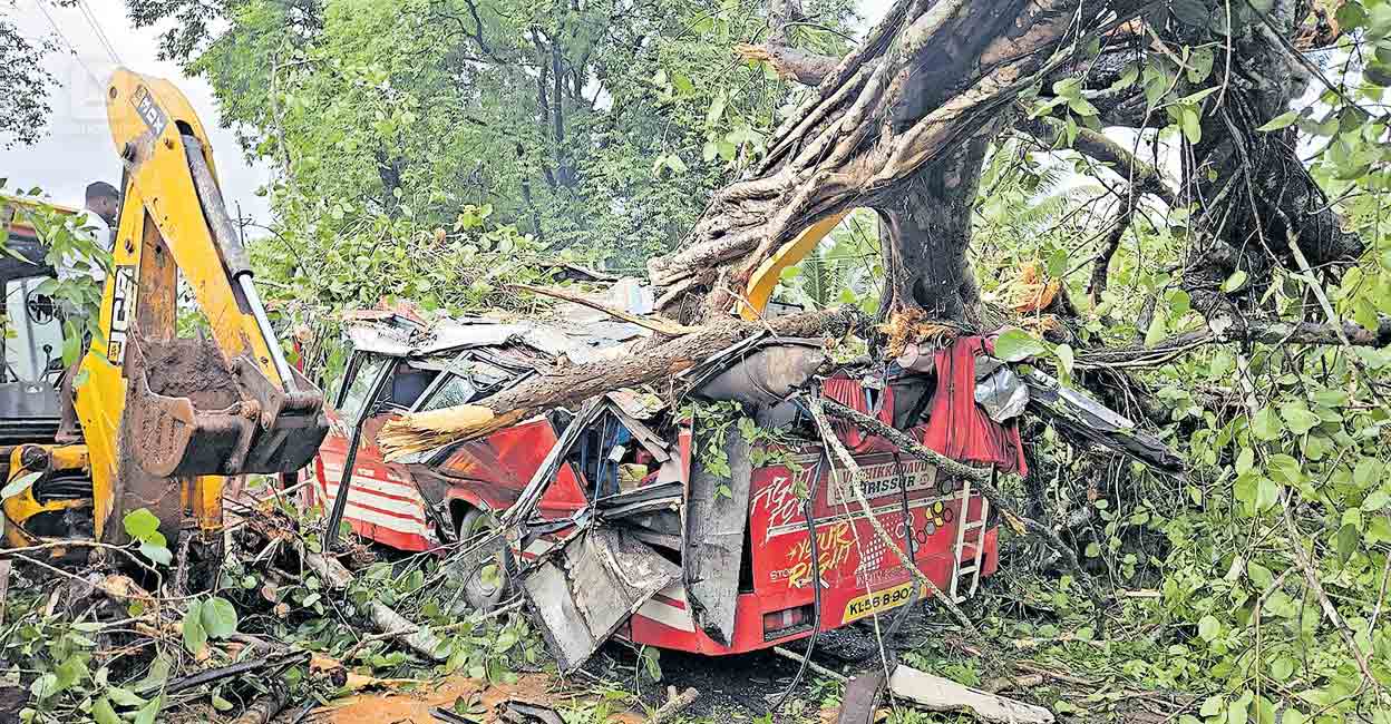 ഓടിക്കൊണ്ടിരുന്ന ബസിലേക്ക് കൂറ്റൻ ആൽമരം വീണു; 5 പേർക്ക് പരുക്ക് ...