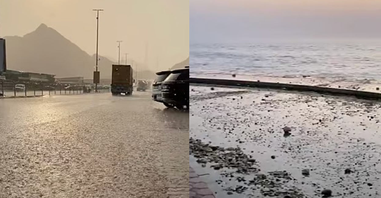 റോഡിലേക്ക് ഒഴുകിയെത്തി പാറക്കല്ലുകൾ ശക്തി'ദുർബലമായെങ്കിലും യുഎഇയി ...