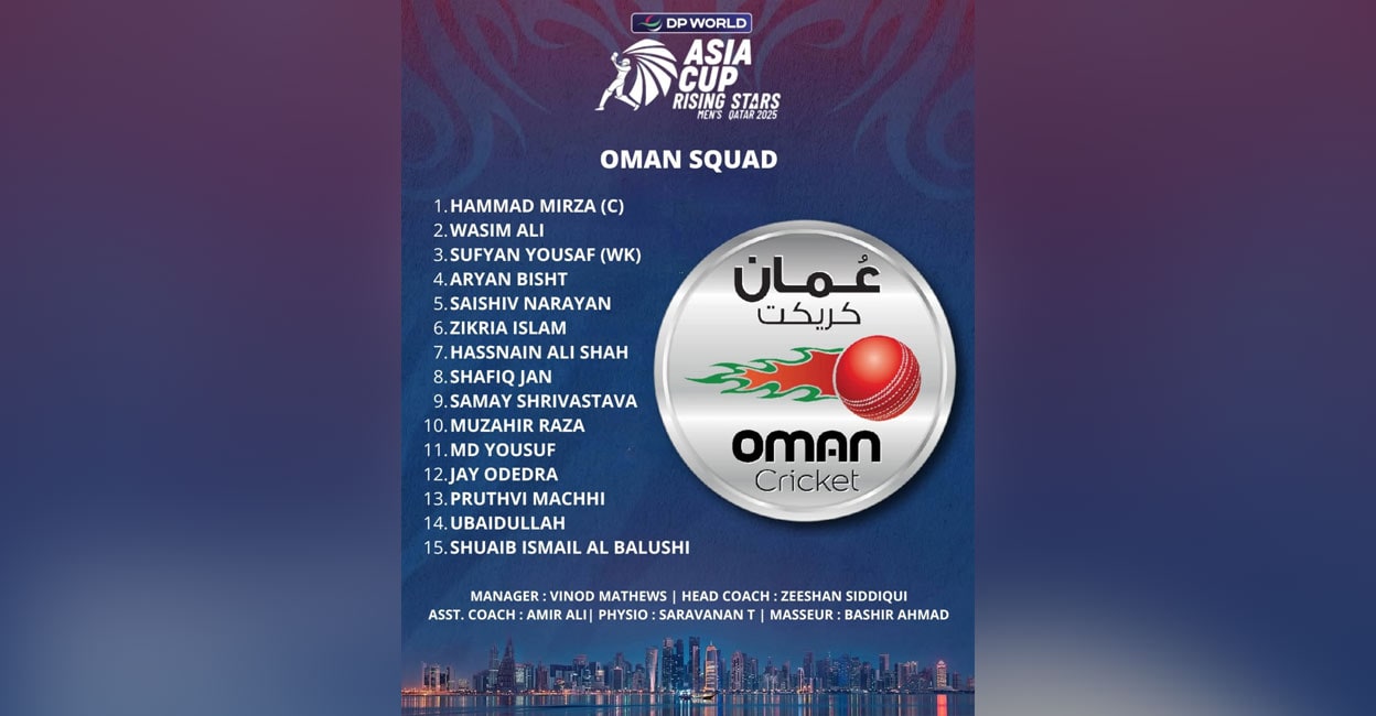 ഏഷ്യാ കപ്പ് റൈസിങ് സ്റ്റാര്‍ ട്വന്റി20 ടൂര്‍ണമെന്റിനുള്ള ഒമാന്‍ ടീമിനെ ...