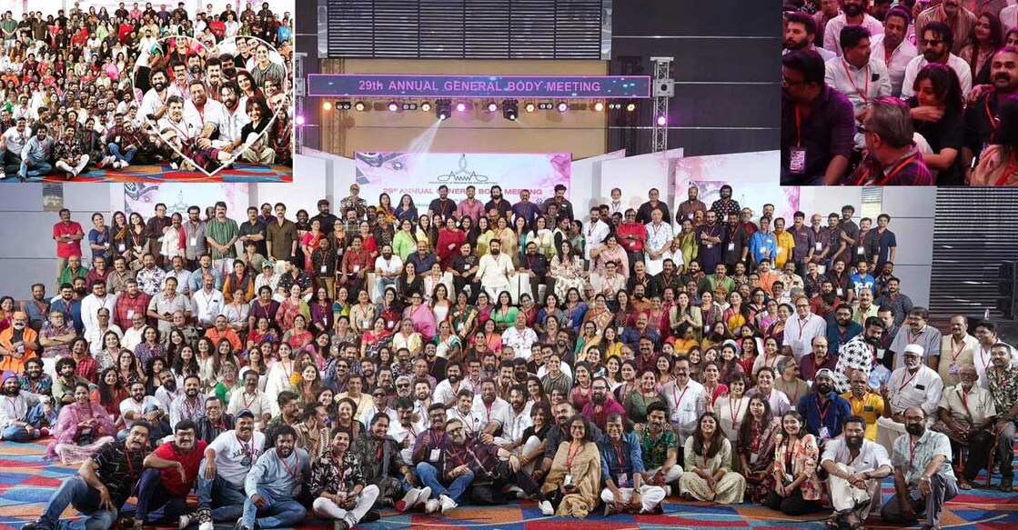 ഗ്രൂപ്പ് ഫോട്ടോ; ‘അമ്മ’ അംഗങ്ങൾക്കൊപ്പം നിലത്തിരുന്ന് മമ്മൂട്ടി; ഒപ്പം ...